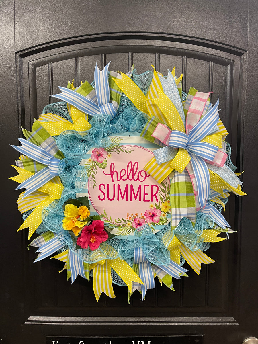 Hello Summer Wreath, Hibiscus Floral Front Door Decor, Beach House Dec ...